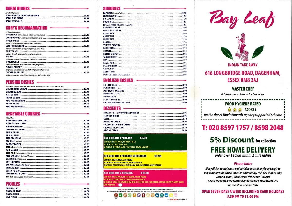 Menu at Bayleaf fast food, Romford, 616 Longbridge Rd