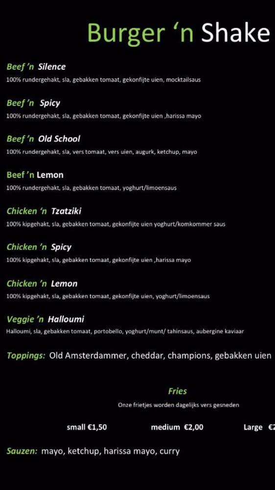 Menu at Burger 'n Shake, Amsterdam, Land van Cocagneplein 1D
