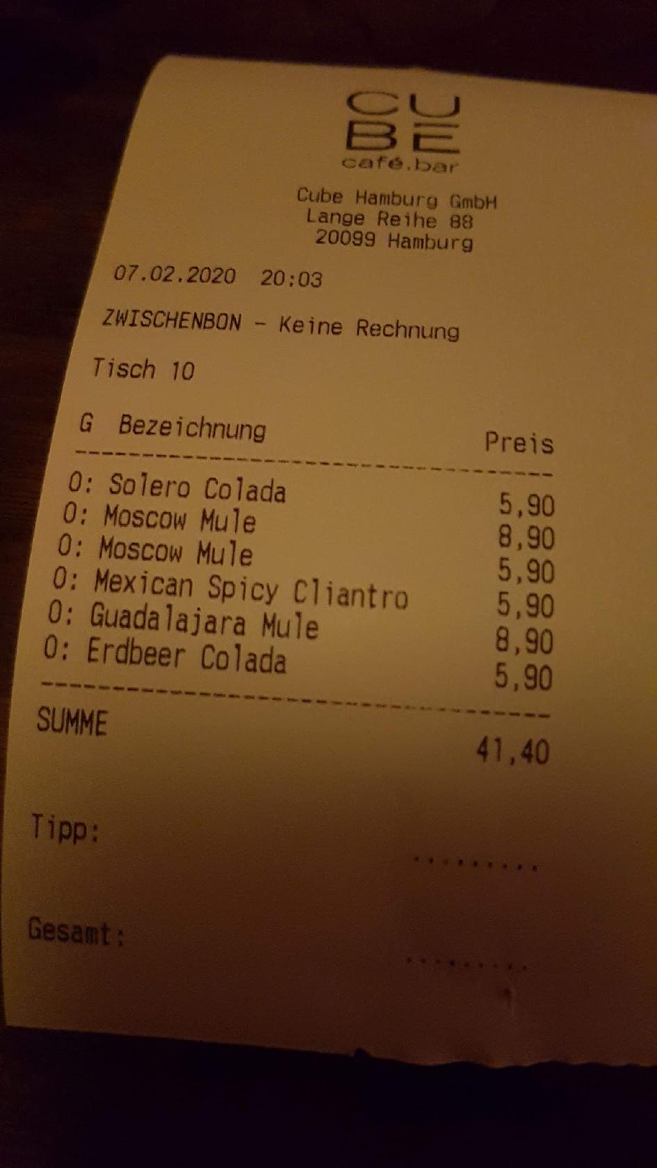 Menu at CUBE Cocktailbar, Hamburg, Lange Reihe 88