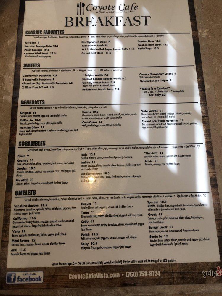 Menu at Coyote Cafe, Vista