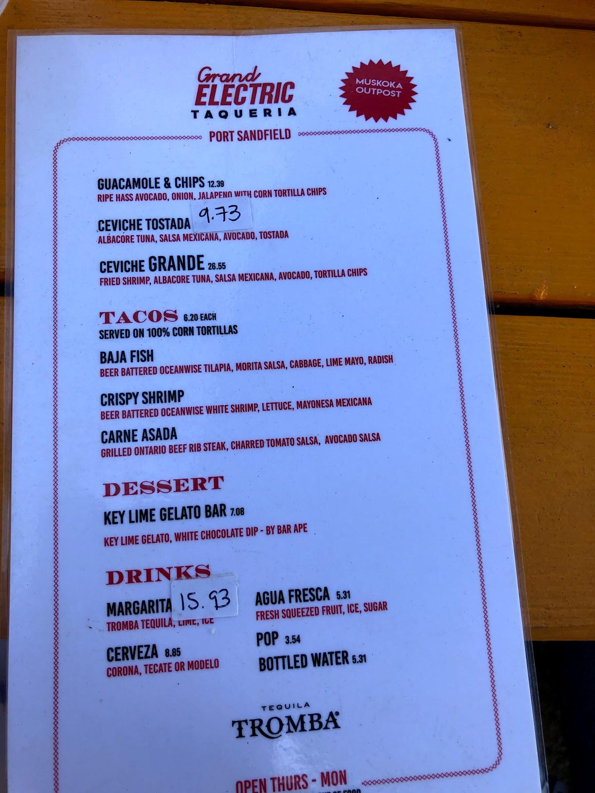 Menu at Grand Electric restaurant, Canada