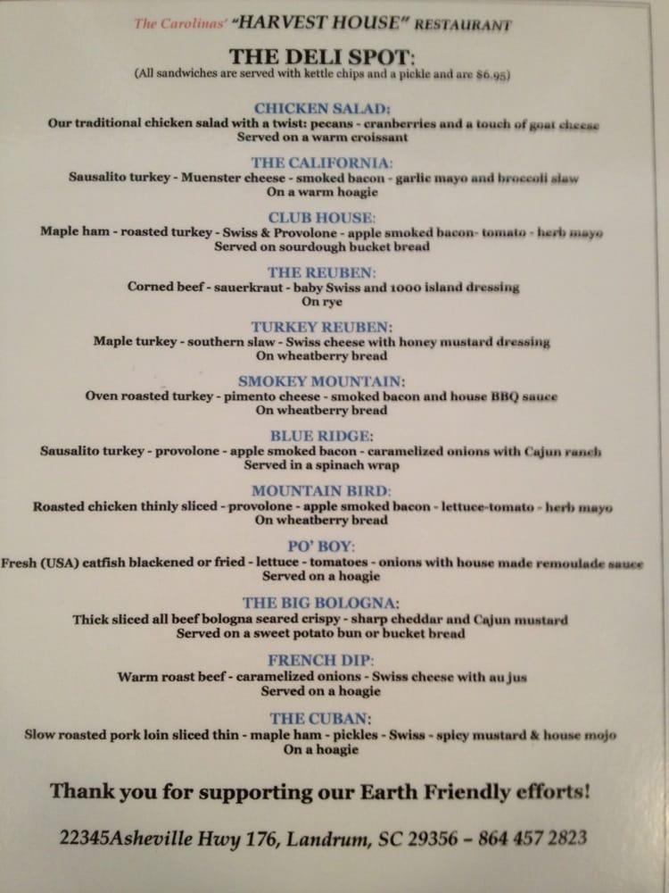 Menu at Harvest House restaurant, Landrum