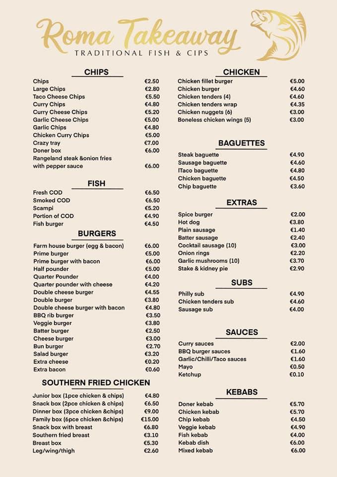Menu at Roma restaurant, Dungarvan
