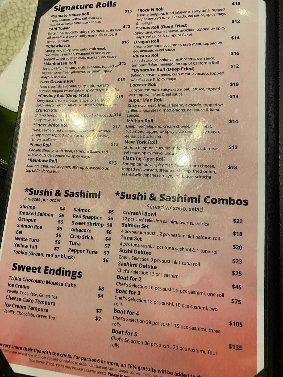 Menu at Yamato restaurant, Tyler