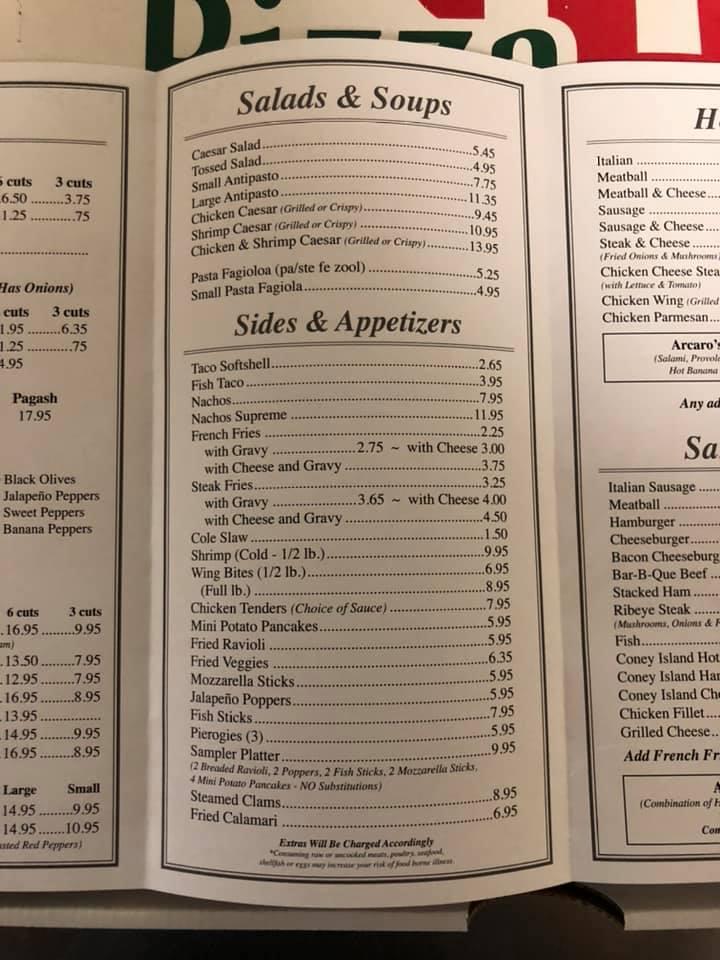 Menu at Arcaro's Pizza restaurant, Scranton, S Main Ave