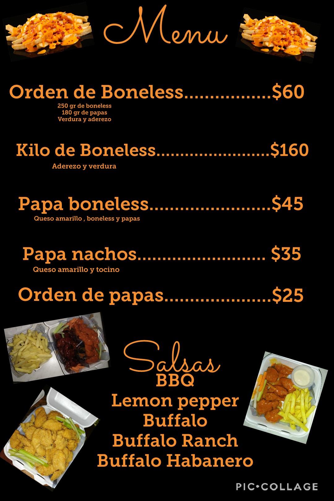 Menu at Boneless House restaurant, Saltillo, Netzahualcóyotl 1650