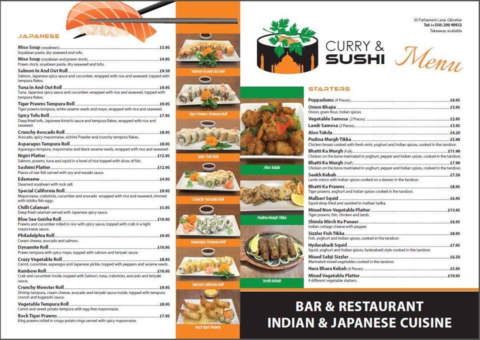 Menu at Curry and Sushi restaurant, Gibraltar