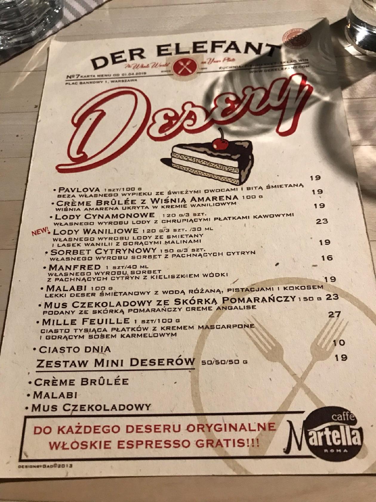 Menu at Der Elefant pub & bar, Warsaw