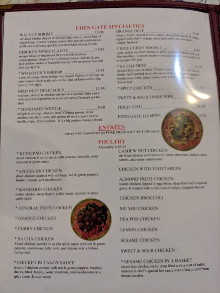 Menu at Eden Gate Chinese Restaurant open 11am-9pm daily lounge open ...