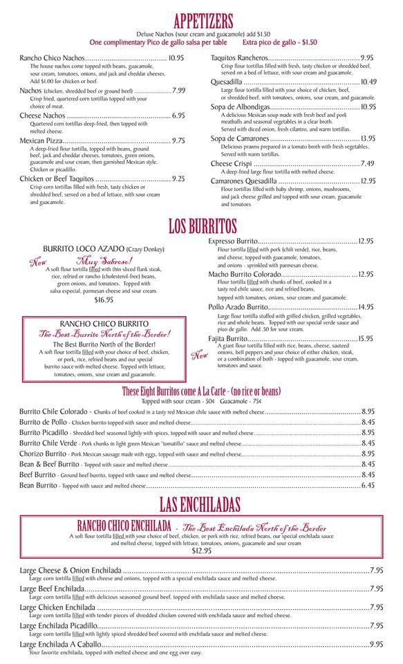Menu at Rancho Chico restaurant, Colville