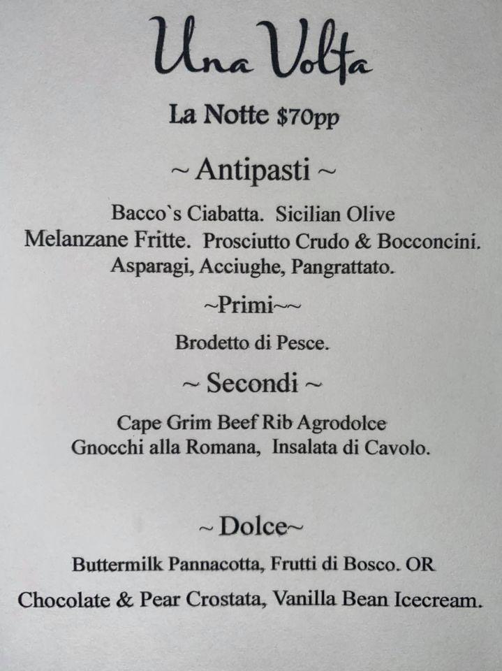 Menu at Una Volta restaurant, Newcastle