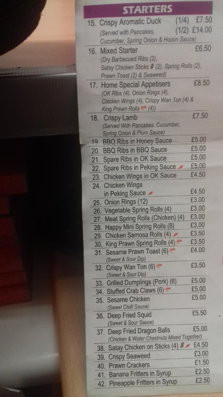 Menu at Yummy Chinese Takeaway, Burnley