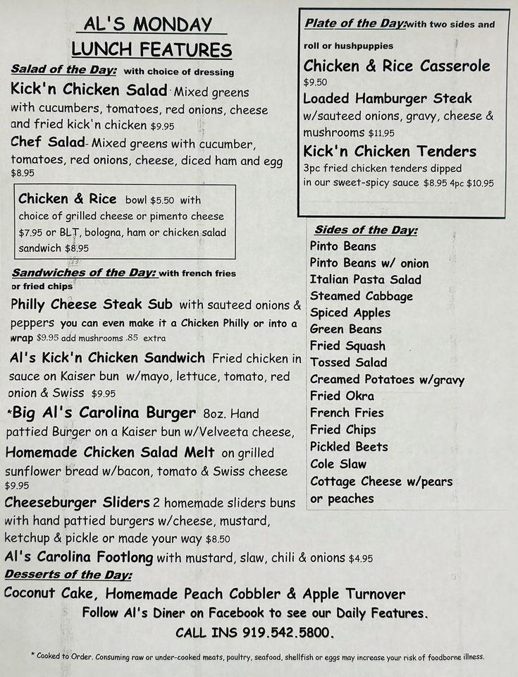 Menu at Al's Diner restaurant, Pittsboro