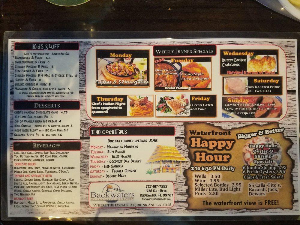 Menu at Backwaters restaurant, Clearwater