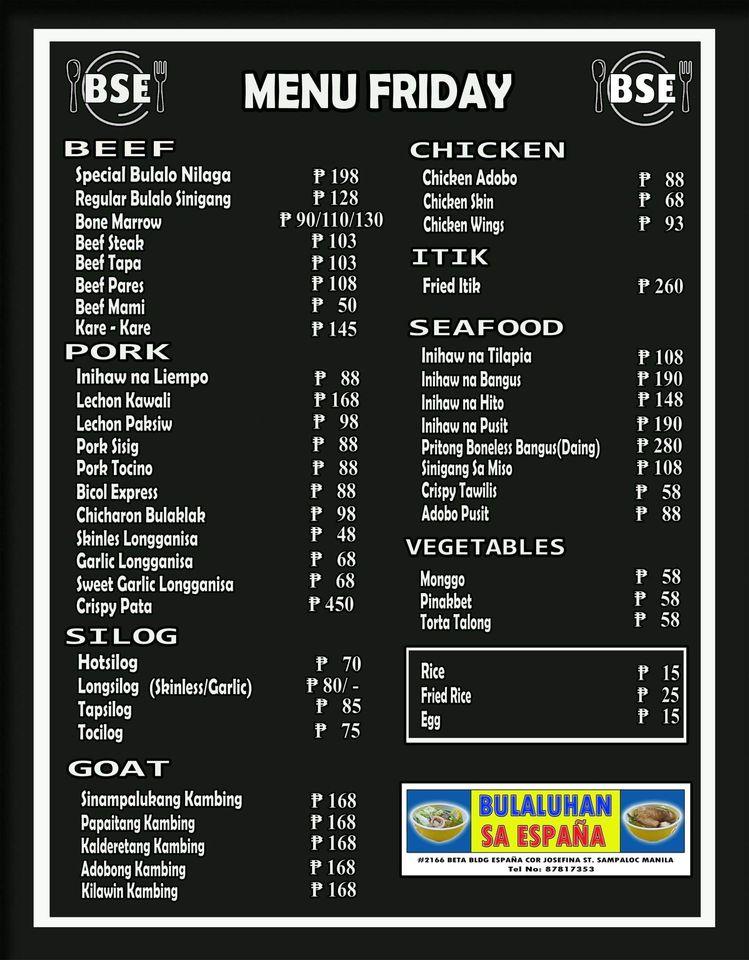 Menu at Bulalohan sa España restaurant, Manila
