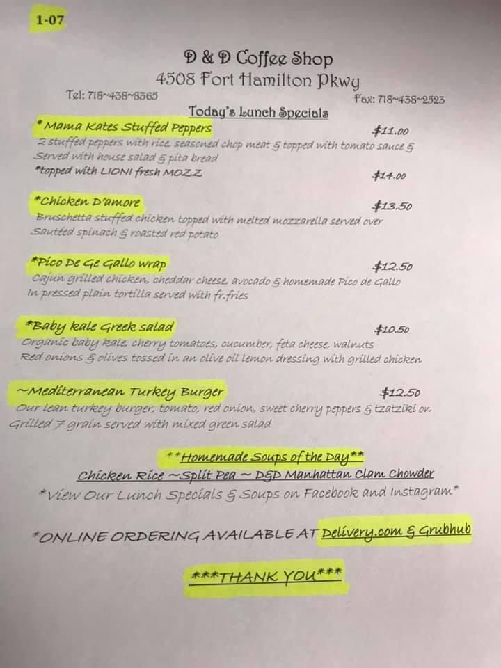 Menu at D & D Coffee Shop cafe, New York City
