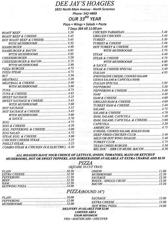 Menu at Dee Jay's Hoagie Shop pizzeria, Scranton