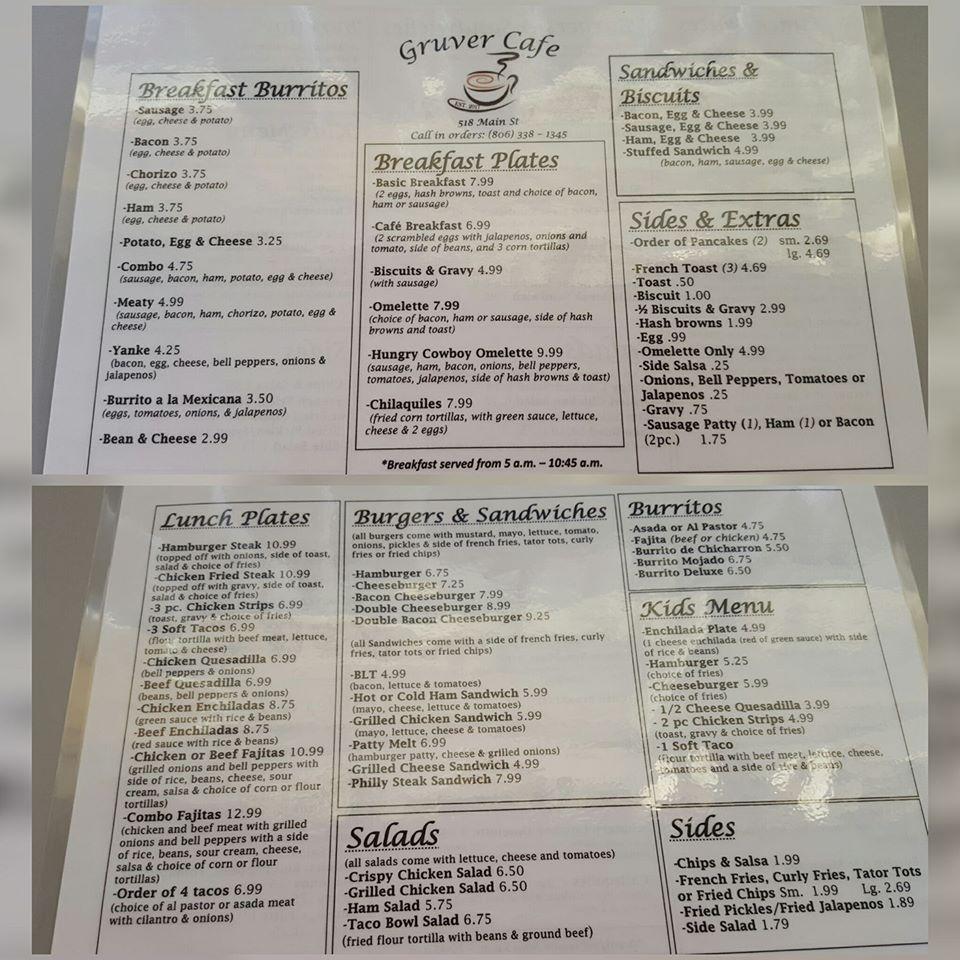 Menu at Gruver Cafe, Gruver