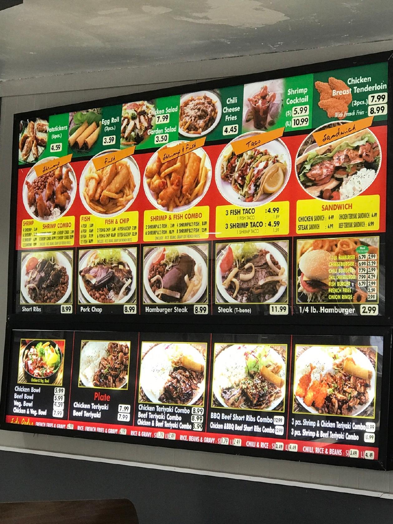 Menu at Johnny's Shrimp Boat restaurant, Whittier