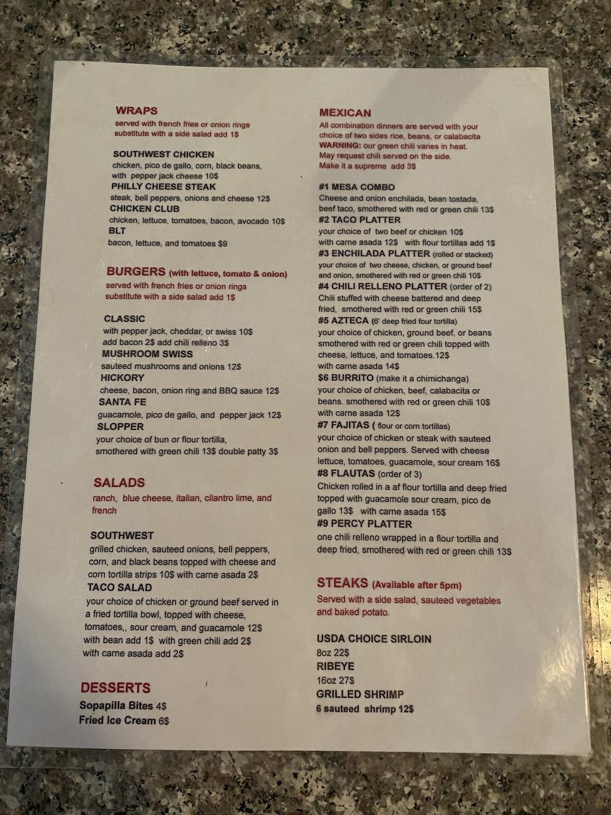 Menu at Mission Deli Mesa BAR and Grill, La Veta