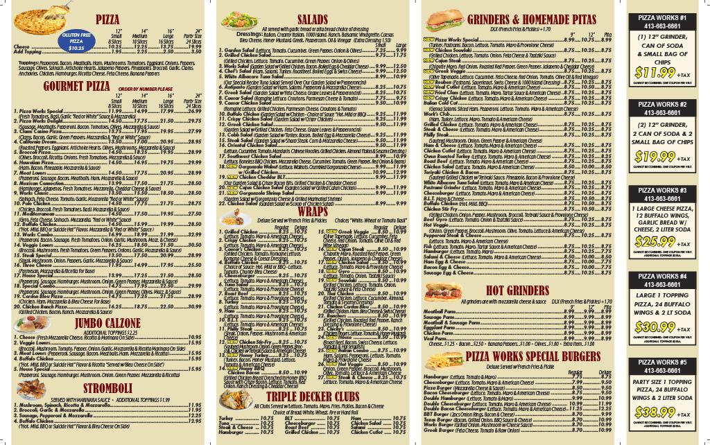 Menu at Pizza Works pizzeria, North Adams