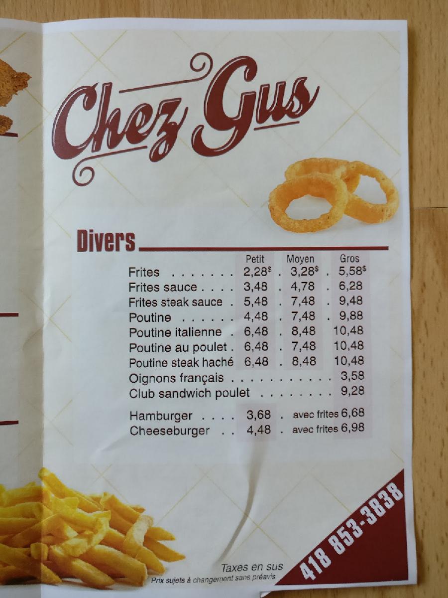 Menu at Poulet Frit Chez Gus restaurant, Degelis