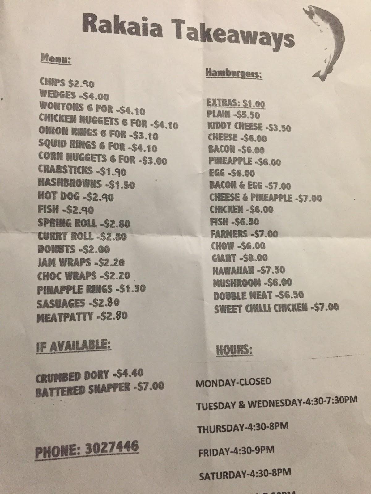 Menu at Rakaia Takeaways restaurant, Rakaia