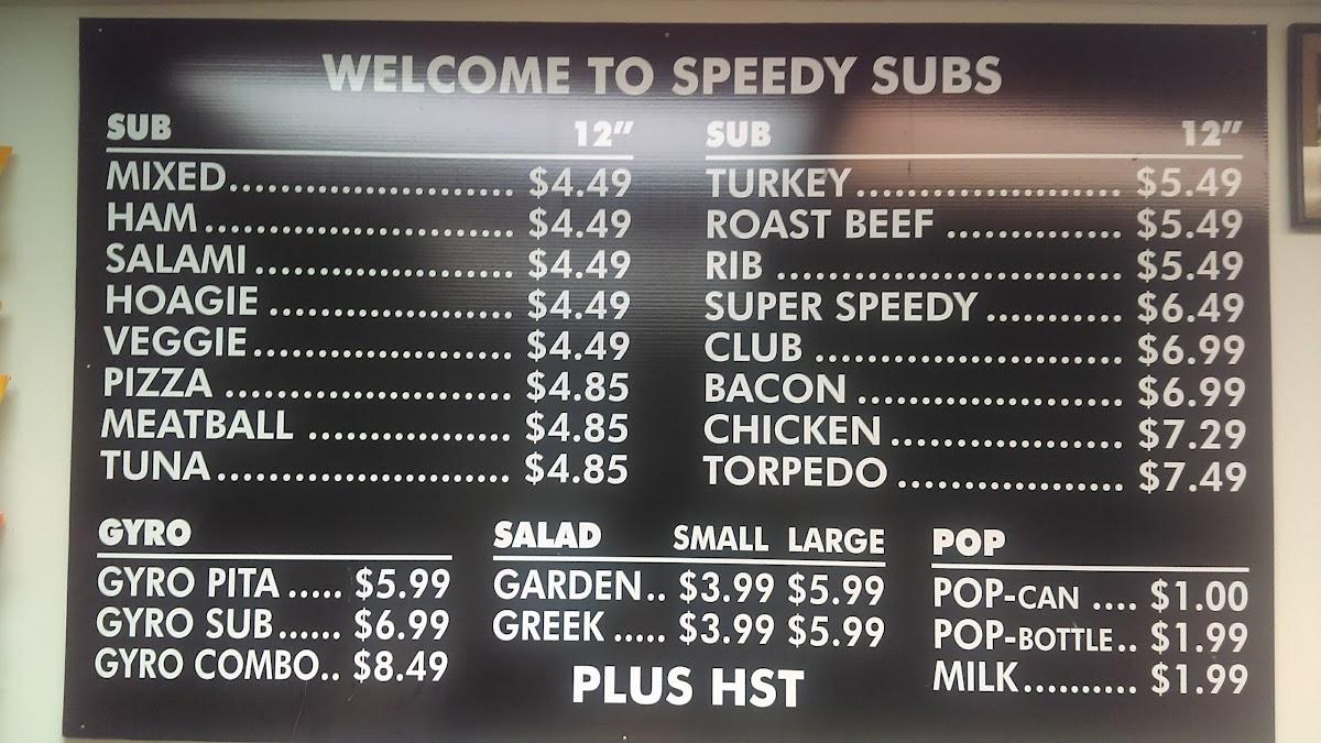 Menu at Speedy Subs fast food, Hamilton