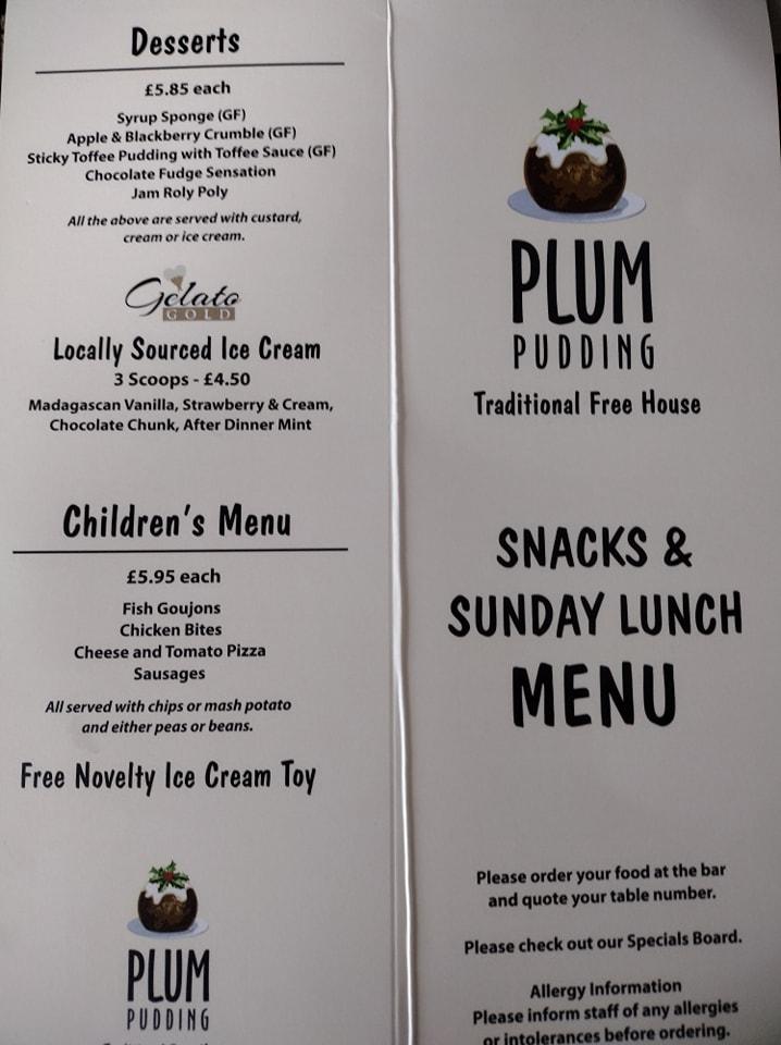 Menu at The Plum Pudding Inn pub & bar, Rugeley