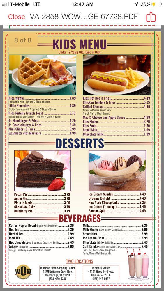 Menu at Wow Diner restaurant, Woodbridge