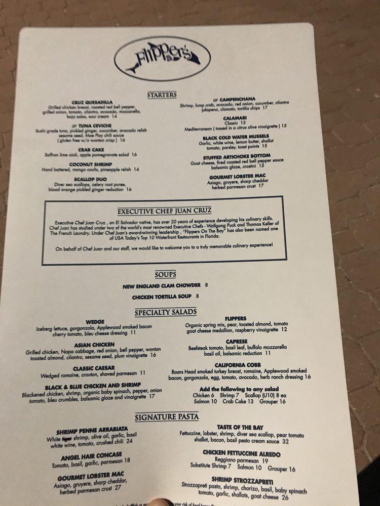 Menu at Flippers restaurant, Fort Myers Beach