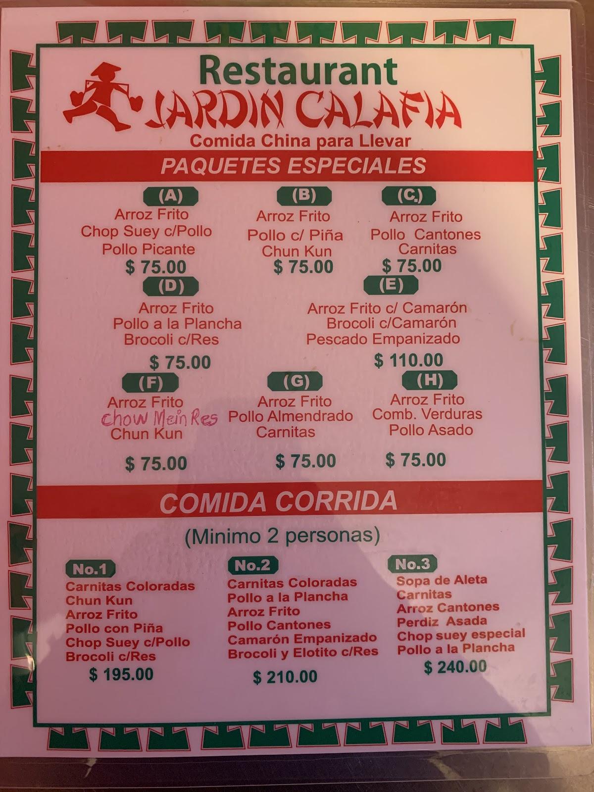 Carta de Jardin Calafia Restaurant Comida China, Mexicali