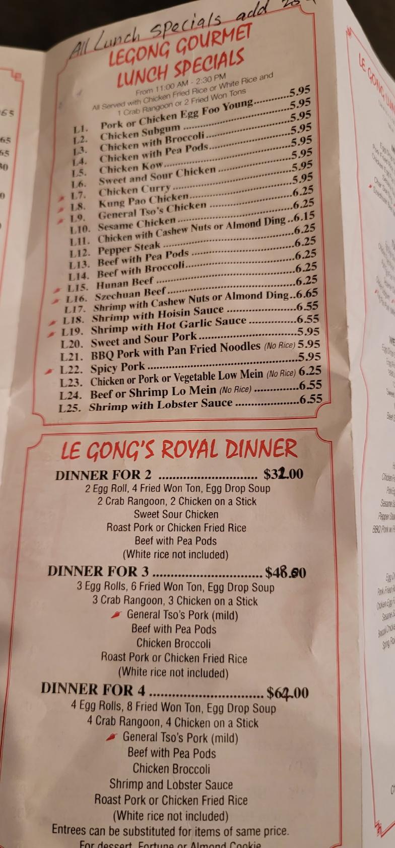 Menu at Le Gong Gourmet restaurant, Waukesha