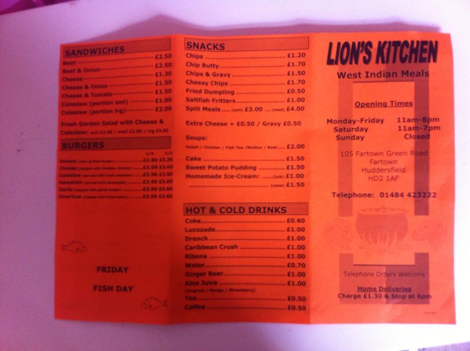 Menu at Lions Kitchen restaurant, Huddersfield