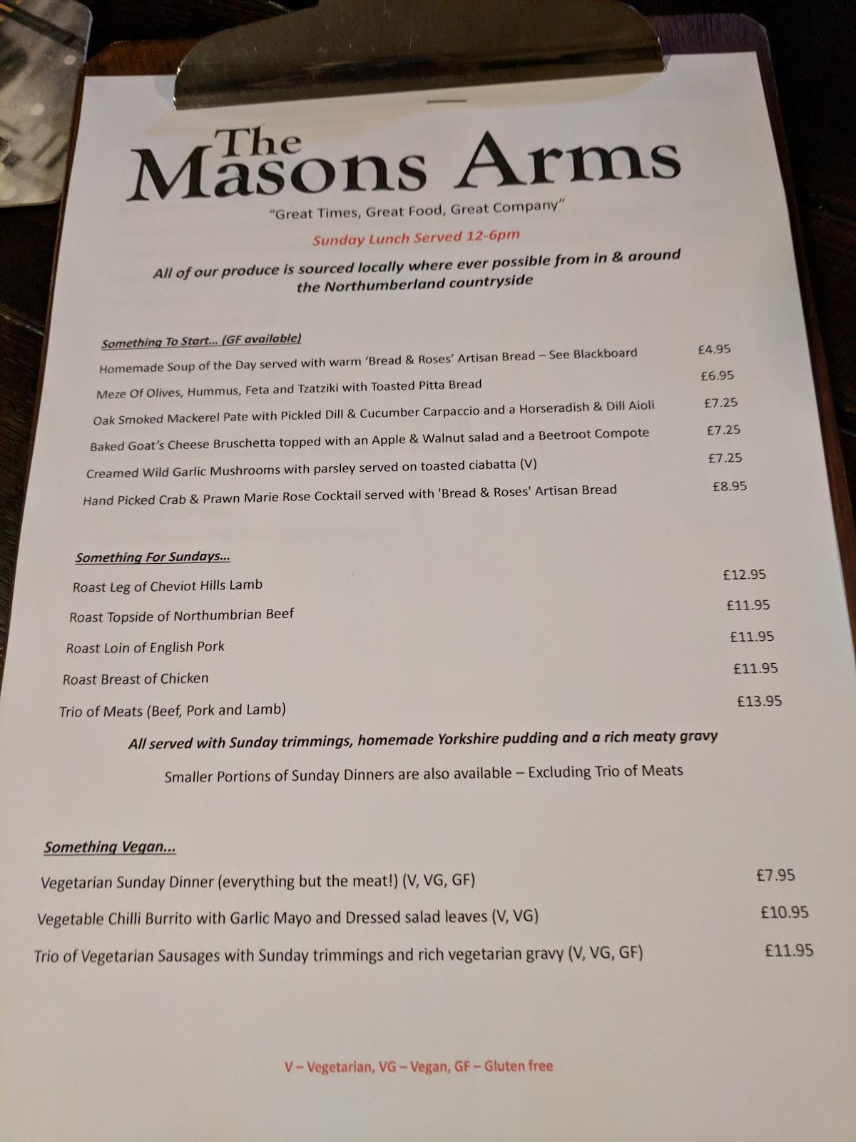 Menu at Masons Arms pub & bar, Warkworth, 3 Dial Pl