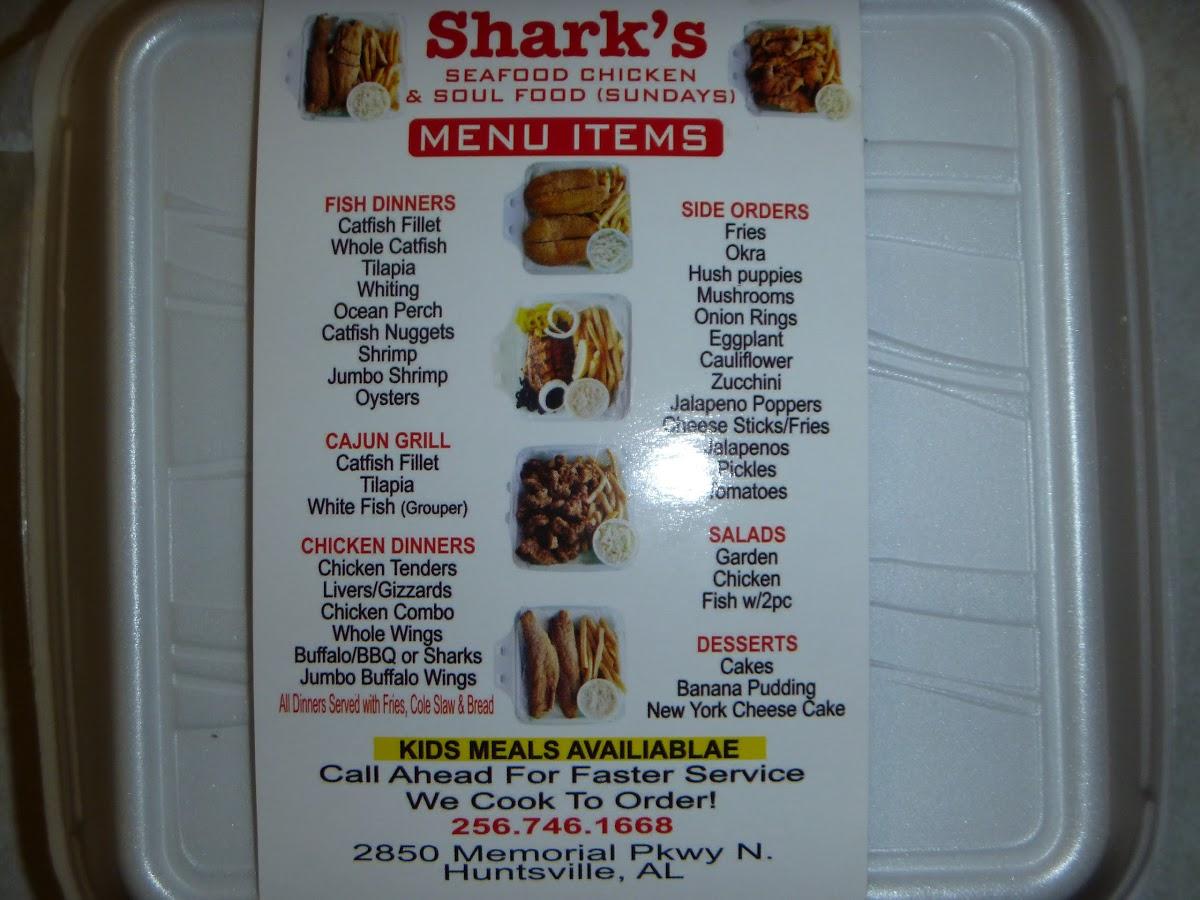 Menu at Sharks Fish & Chicken Chicago restaurant, Huntsville