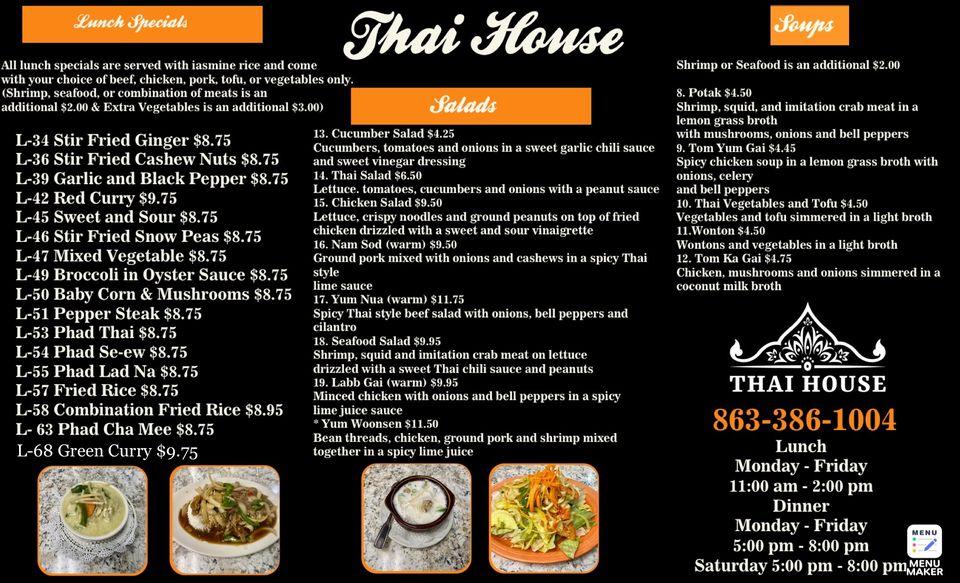 Menu at Thai House restaurant, Sebring