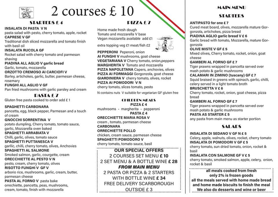 Menu at il Piatto Italian restaurant, Scarborough