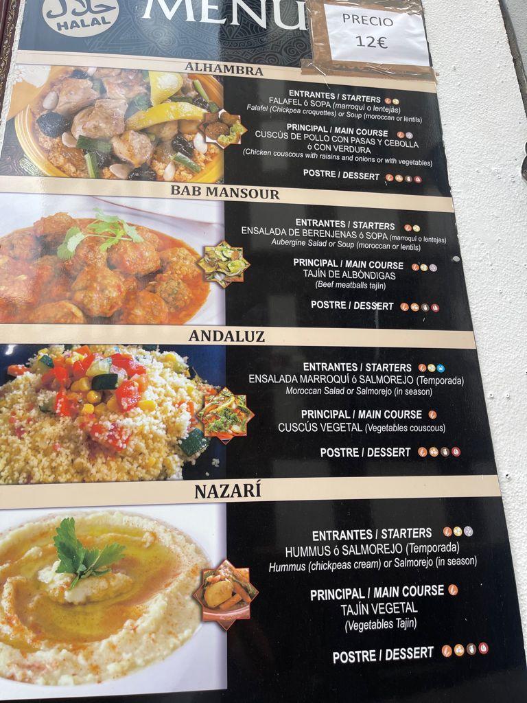 Menu at Bab mansour restaurant, Granada