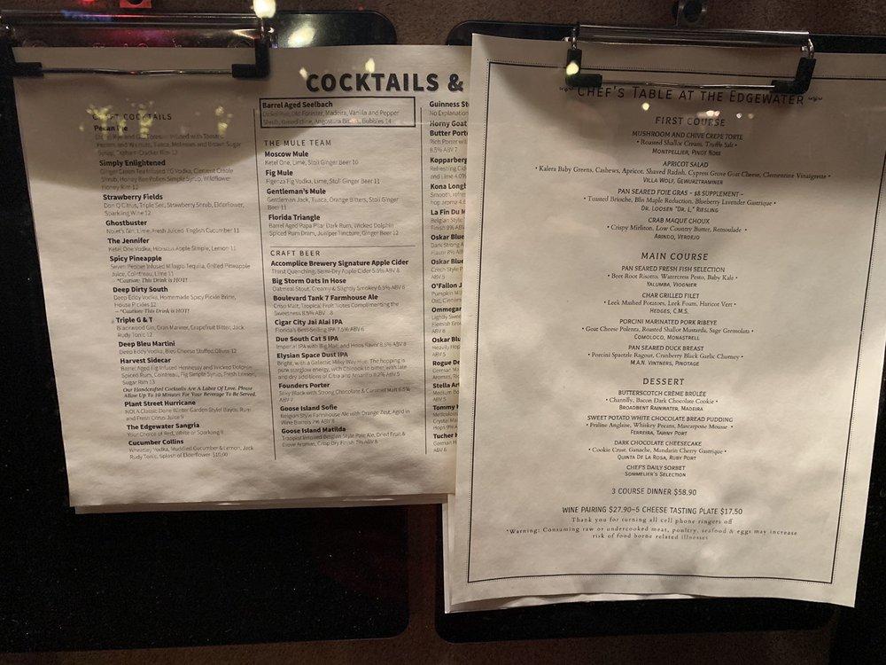Menu at Chef's Table at the Edgewater restaurant, Winter Garden