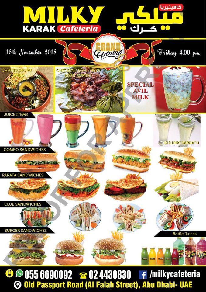 Menu at Milky Karak Cafetaria, Abu Dhabi