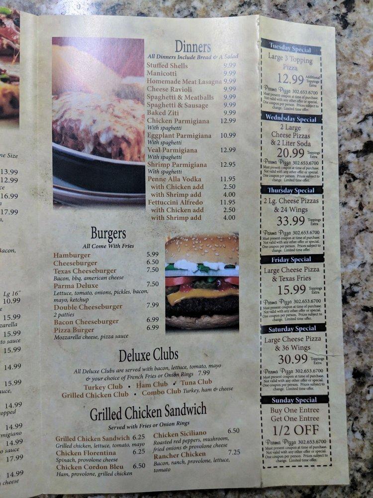 Menu at Parma Pizza pizzeria, Clayton