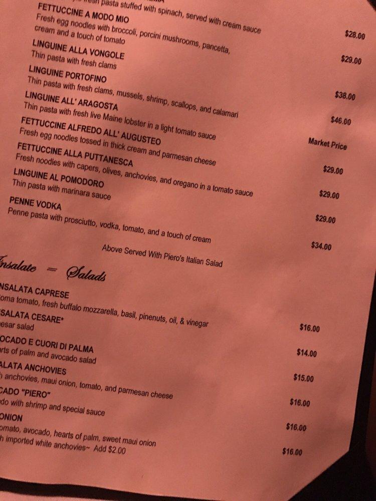 Menu at Piero's Italian Cuisine restaurant, Las Vegas, 355 Convention ...