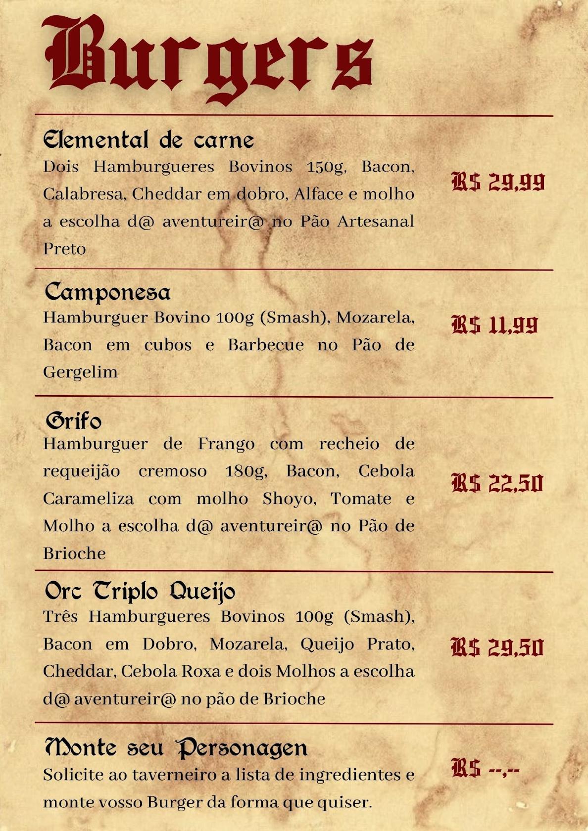 Menu em Taverna do Bardo, Brasil