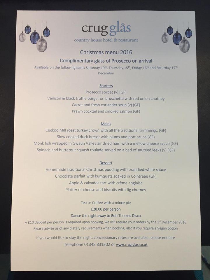 Menu at The Cow Shed, Crug Glas restaurant, England