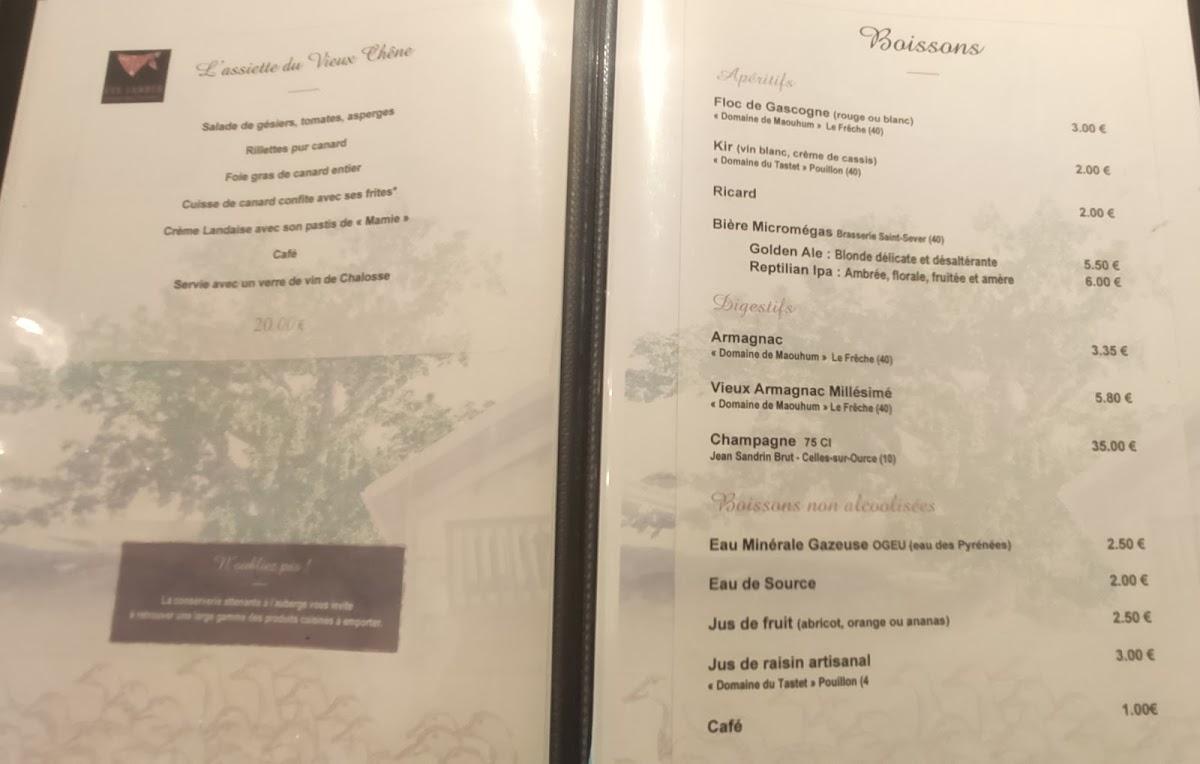 Menu au Ferme Auberge le Vieux Chêne Castelnau Chalosse restaurant ...