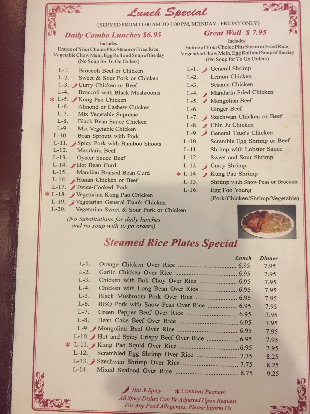 Menu at Hing's Chinese Cuisine restaurant, West Sacramento