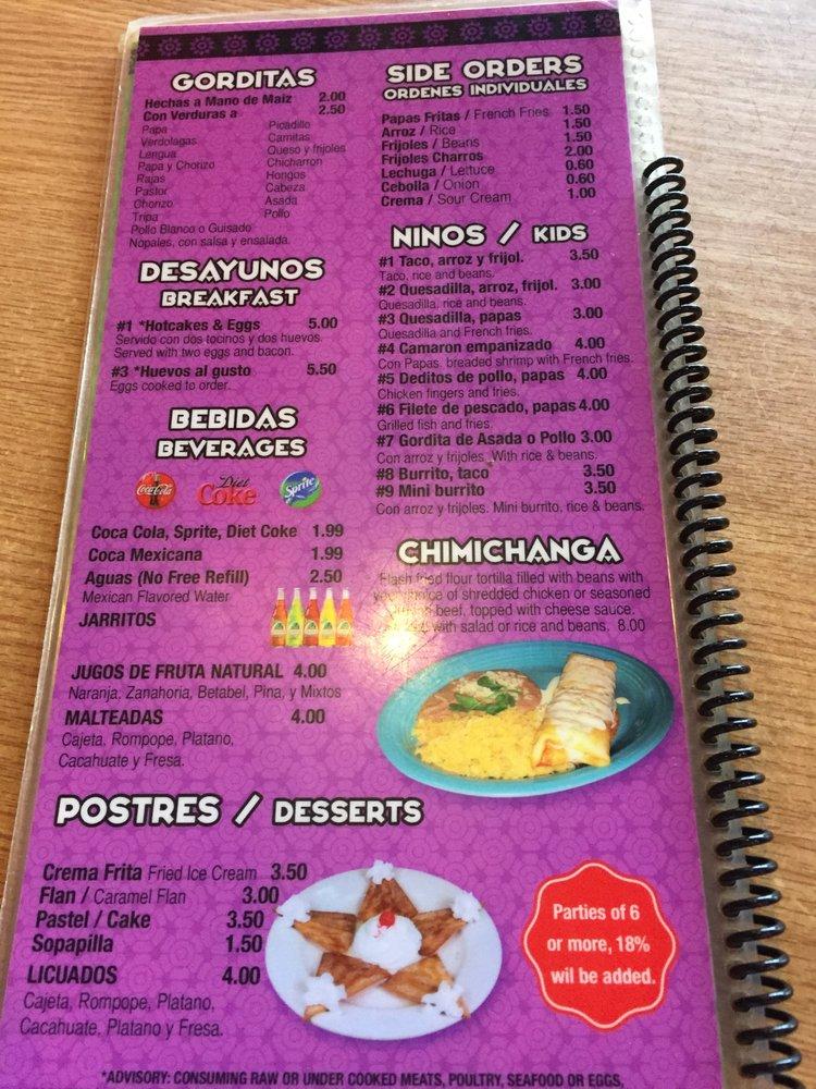 Menu at Mega Taco restaurant, Norcross
