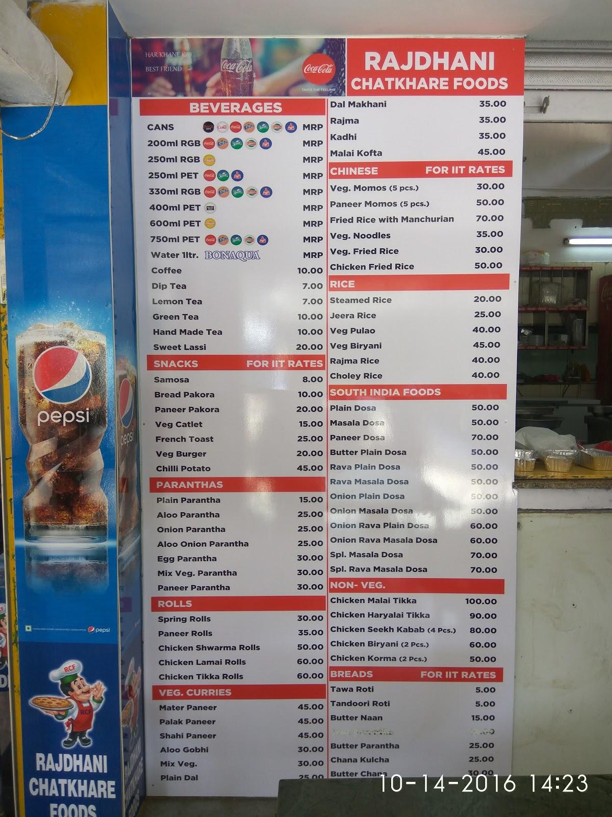 Menu at Rajdhani Chatkare Foods, New Delhi, IIT Delhi Campus