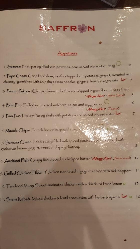 Menu at Saffron Indian Bistro restaurant, Glendale